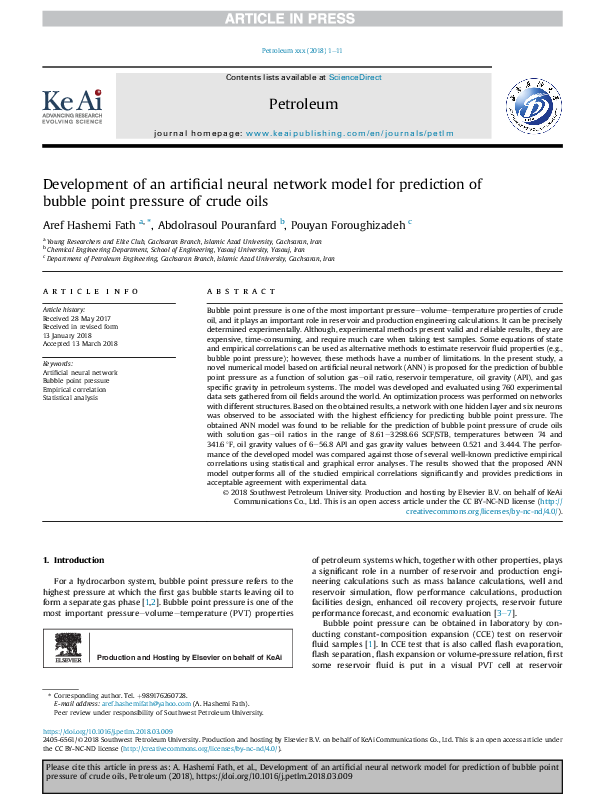 (PDF) Development of an artificial neural network model for prediction of bubble point pressure ...