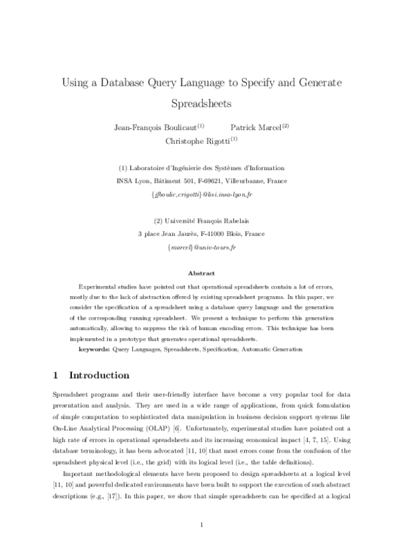 Using a Database Query Language to Specify and Generate Spreadsheets