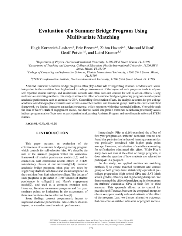 (PDF) Evaluation of a Summer Bridge Program Using Multivariate Matching