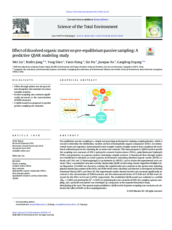 (PDF) Effect of dissolved organic matter on pre-equilibrium passive sampling: A predictive QSAR ...