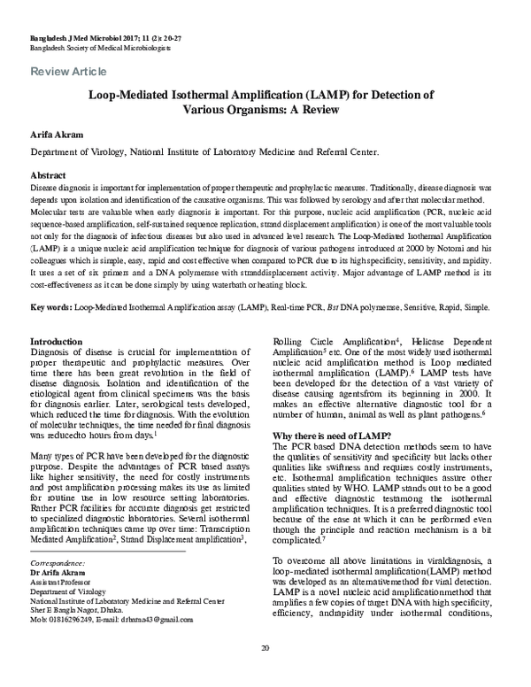 (PDF) Loop-Mediated Isothermal Amplification (LAMP) for Detection of Various Organisms: A Review