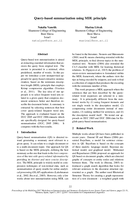 Pdf Query Based Summarization Using Mdl Principle