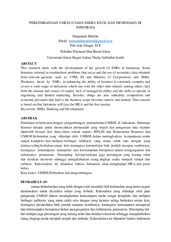 Pdf Perkembangan Umkm Usaha Mikro Kecil Dan Menengah Di Indonesia
