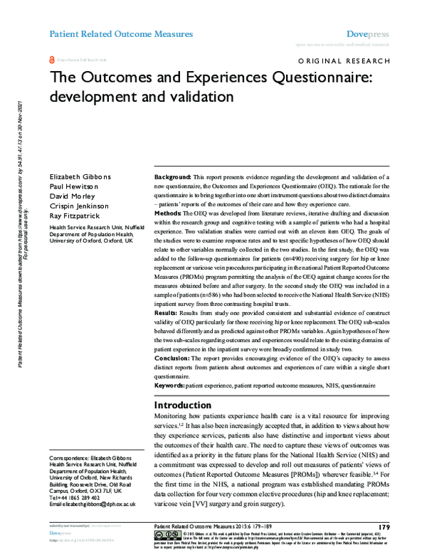 (PDF) The Outcomes and Experiences Questionnaire: development and validation