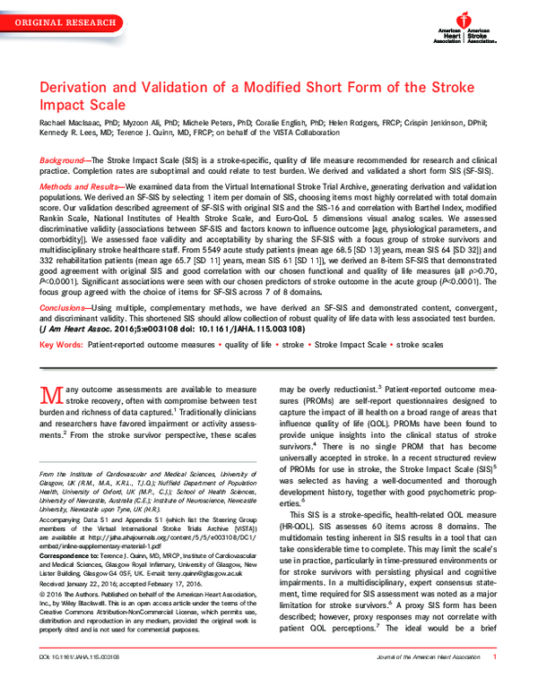 (PDF) Derivation and Validation of a Modified Short Form of the Stroke Impact Scale | Crispin ...