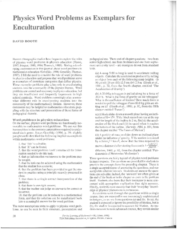 (PDF) Physics Word Problems as Exemplars for Enculturation