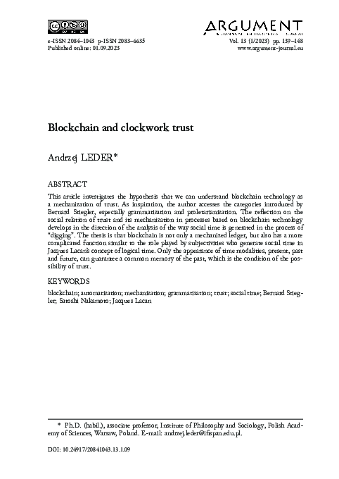 (PDF) Blockchain and clockwork trust
