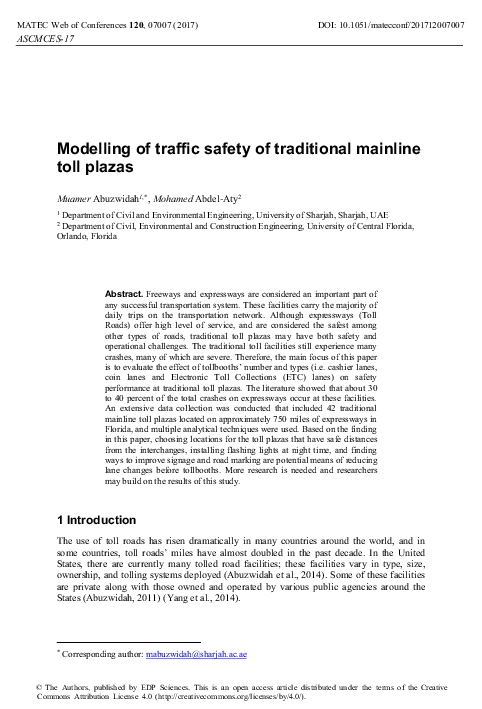 (PDF) Modelling of traffic safety of traditional mainline toll plazas