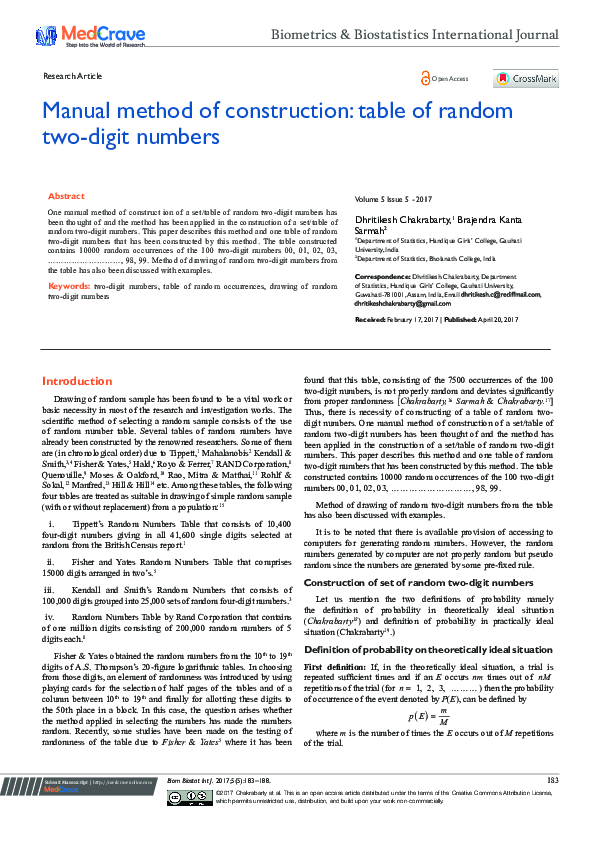 (PDF) Manual Method of Construction: Table of Random Two-Digit Numbers