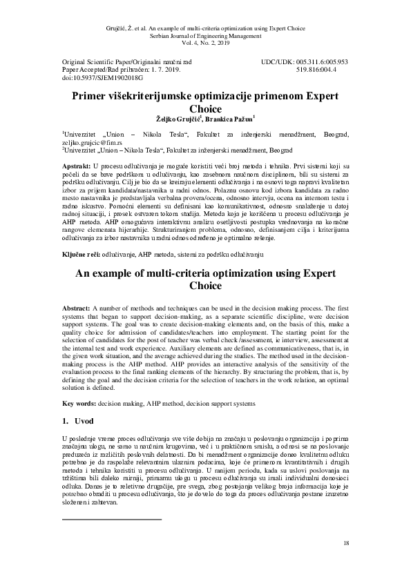 (PDF) An example of multi-criteria optimization using Expert Choice