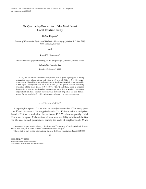 Pdf On Continuity Properties Of The Modulus Of Local Contractibility