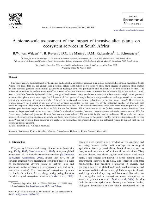 (PDF) A biome-scale assessment of the impact of invasive alien plants on ecosystem services in ...