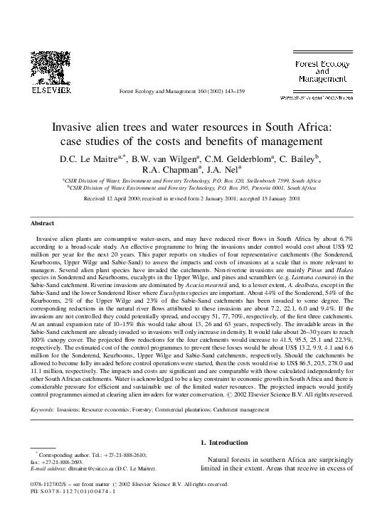 (PDF) Invasive alien trees and water resources in South Africa: case studies of the costs and ...