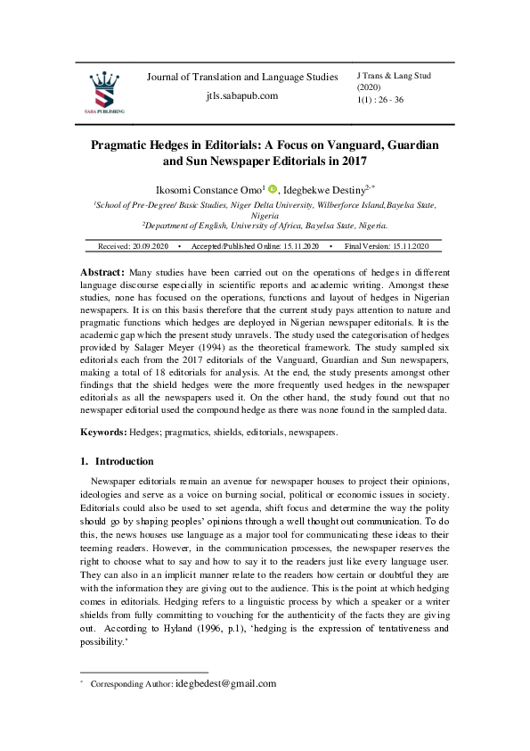 (PDF) Pragmatic Hedges in Editorials: A Focus on Vanguard, Guardian and ...