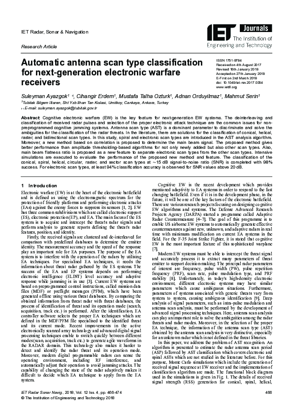 (PDF) Automatic antenna scan type classification for next‐generation electronic warfare receivers