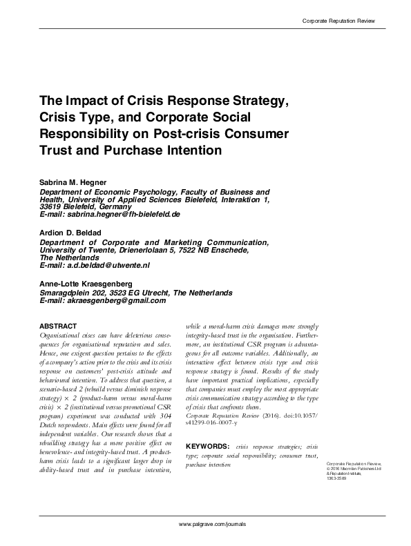 (PDF) The Impact of Crisis Response Strategy, Crisis Type, and Corporate Social Responsibility ...