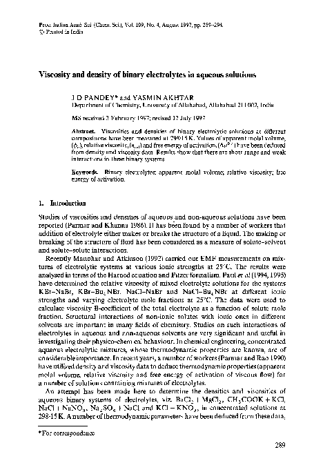 (PDF) Viscosity and density of binary electrolytes in aqueous solutions