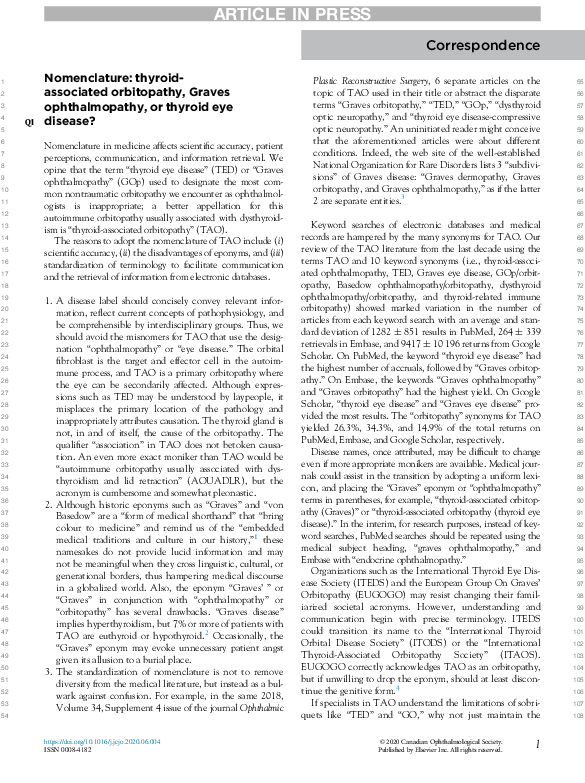 (PDF) Nomenclature: thyroid-associated orbitopathy, Graves ophthalmopathy, or thyroid eye disease?