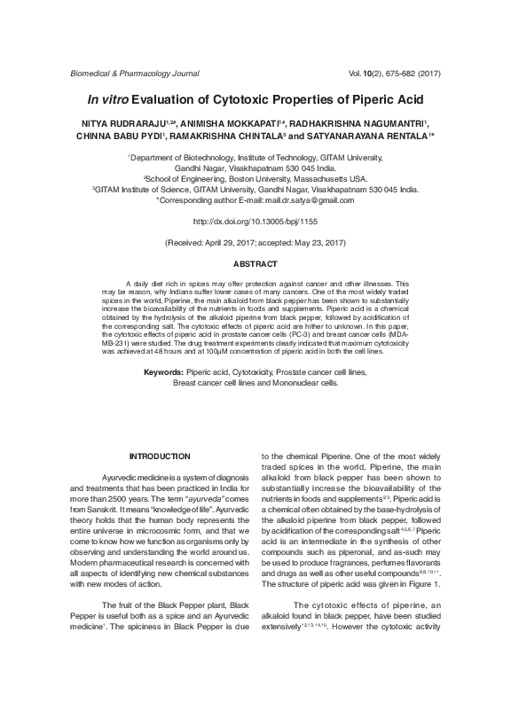 (PDF) In vitro Evaluation of Cytotoxic Properties of Piperic Acid