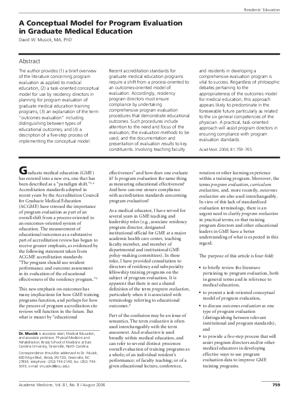 (PDF) A Conceptual Model for Program Evaluation in Graduate Medical ...