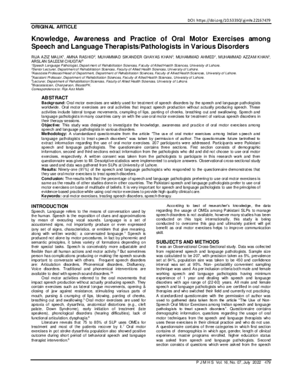 (PDF) Knowledge, Awareness and Practice of Oral Motor Exercises among ...