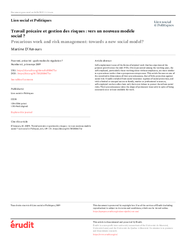 (PDF) Travail précaire et gestion des risques : vers un nouveau modèle ...