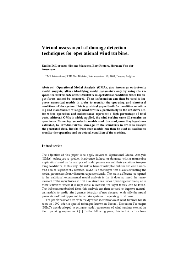(PDF) Virtual Assessment of Damage Detection Techniques for Operational Wind Turbine