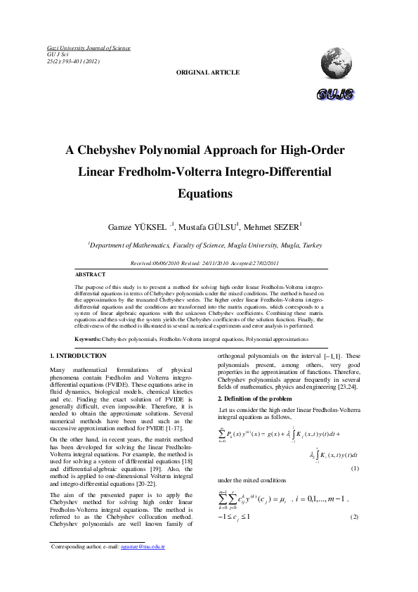 (PDF) A Chebyshev Polynomial Approach for High-Order Linear Fredholm ...