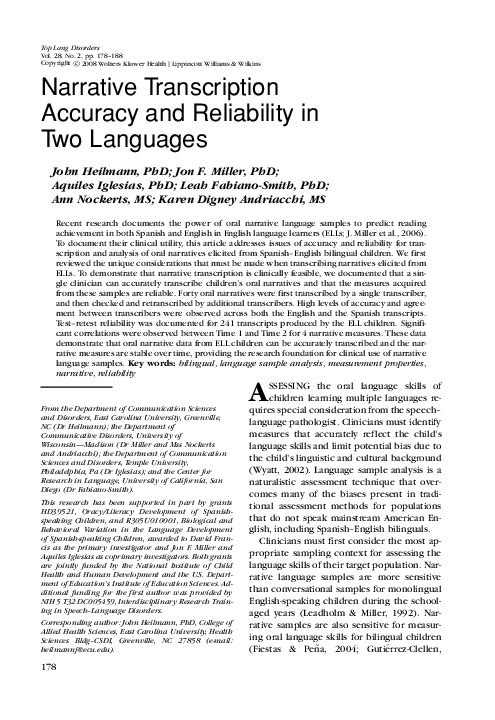 (PDF) Narrative Transcription Accuracy and Reliability in Two Languages ...