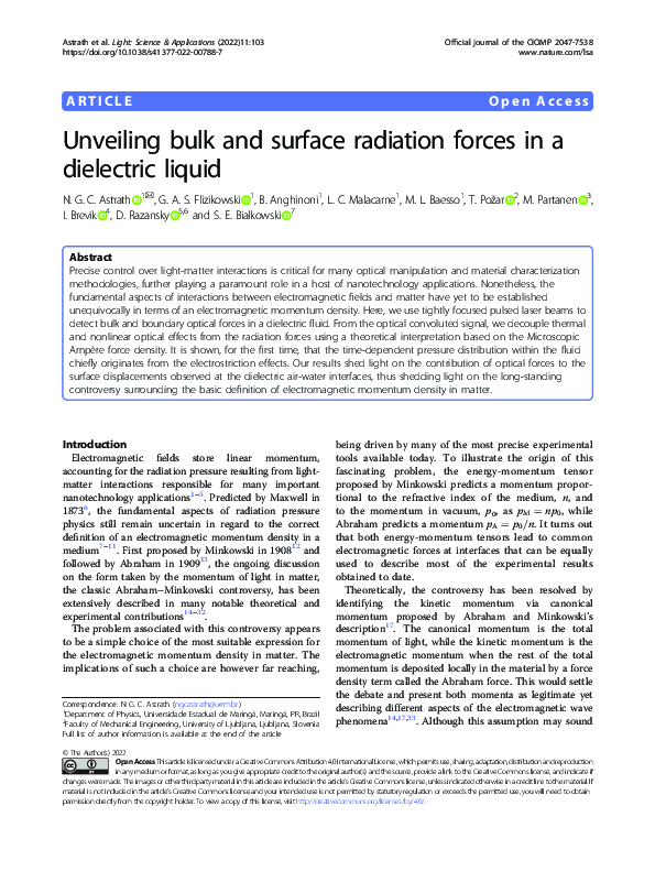 (PDF) Unveiling bulk and surface radiation forces in a dielectric liquid