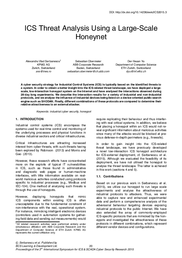 (PDF) ICS Threat Analysis Using a Large-Scale Honeynet
