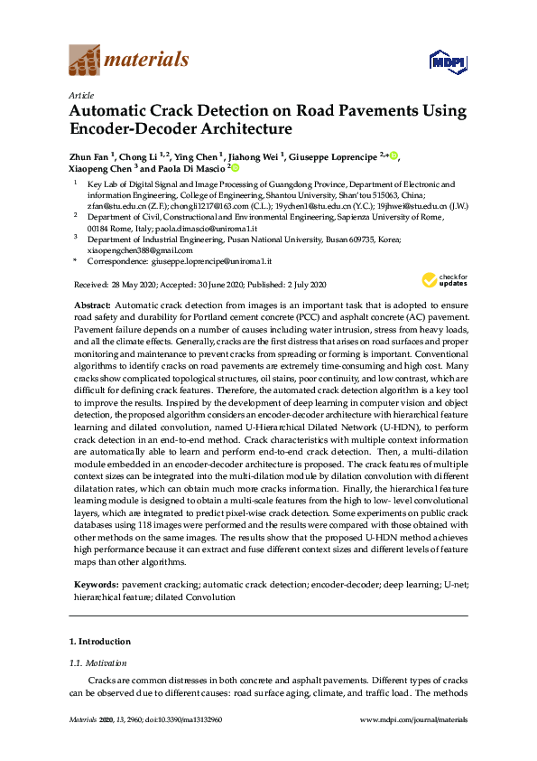 Pdf Automatic Crack Detection On Road Pavements Using Encoder Decoder