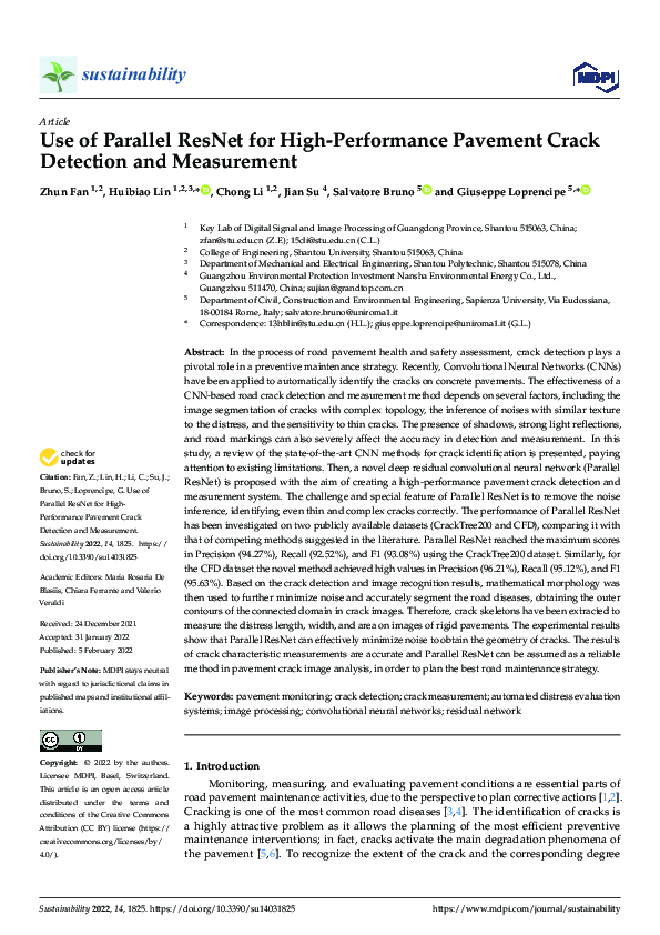 (PDF) Use of Parallel ResNet for High-Performance Pavement Crack Detection and Measurement