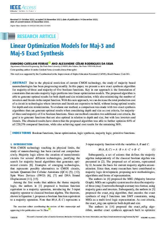 (PDF) Linear Optimization Models for Maj-3 and Maj-5 Exact Synthesis | Evandro Ferraz - Academia.edu