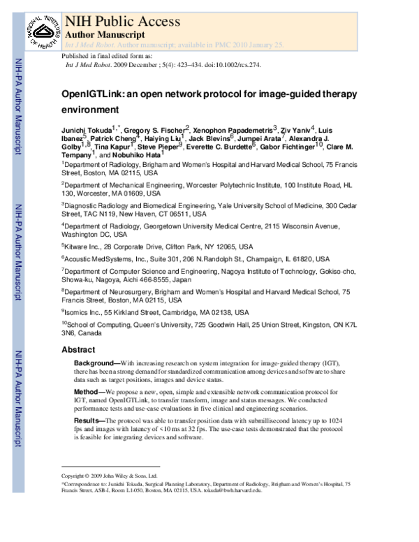 (PDF) OpenIGTLink: an open network protocol for image-guided therapy environment