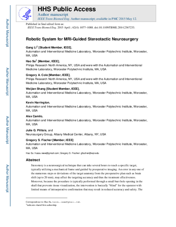 (PDF) Robotic System for MRI-Guided Stereotactic Neurosurgery