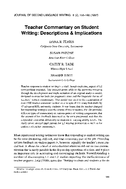 (PDF) Teacher commentary on student writing: Descriptions & implications