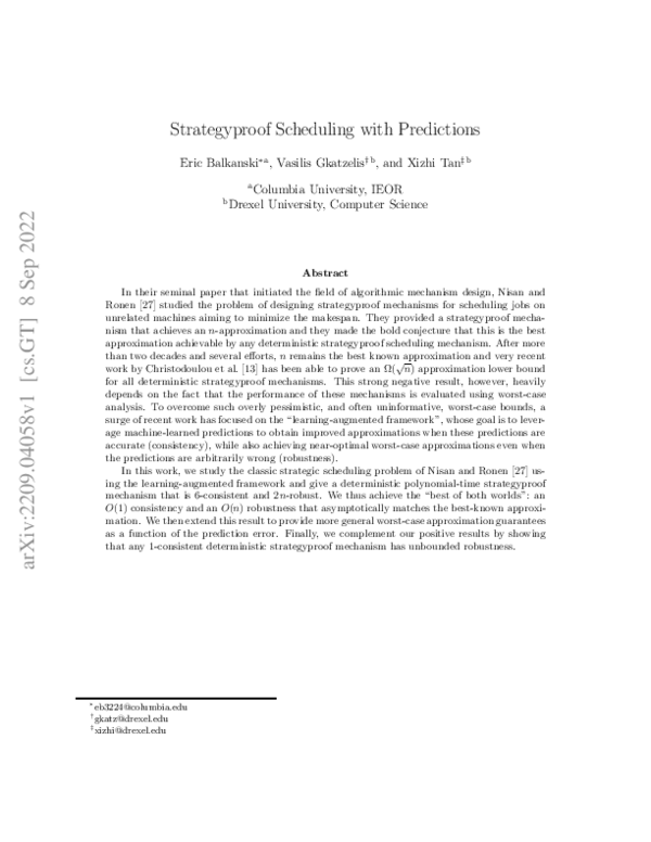 (PDF) Strategyproof Scheduling with Predictions