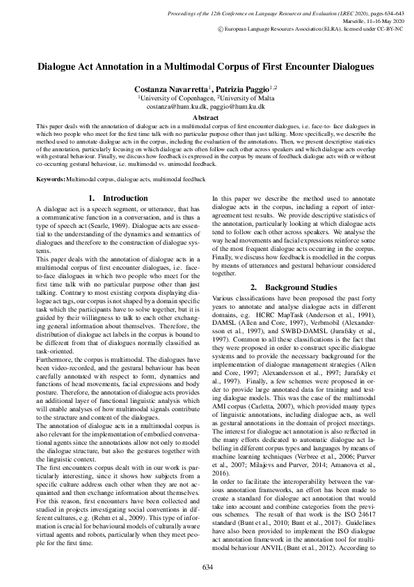 (PDF) Dialogue Act Annotation in a Multimodal Corpus of First Encounter Dialogues