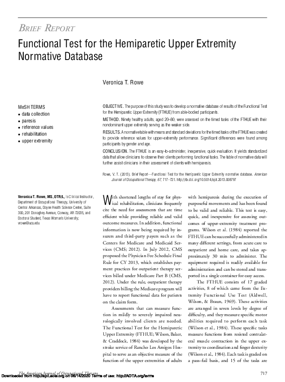 (PDF) Functional Test for the Hemiparetic Upper Extremity Normative ...