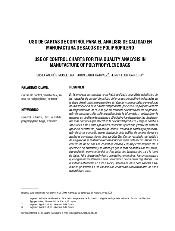 (PDF) Uso de cartas de control para el análisis de calidad en manufactura de sacos de polipropileno