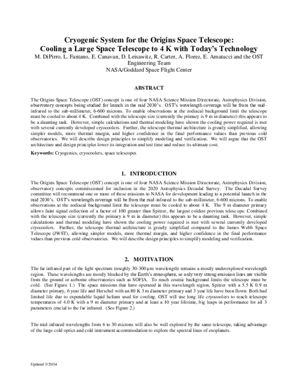 Cryogenic System for the Origins Space Telescope: Cooling a Large Space ...