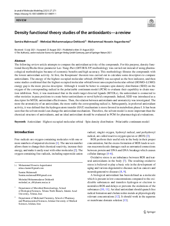 (PDF) Density functional theory studies of the antioxidants-a review