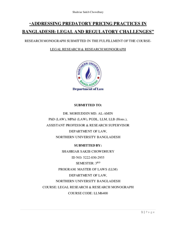 (PDF) Addressing Predatory Pricing Practices in Bangladesh Legal and Regulatory Challenges