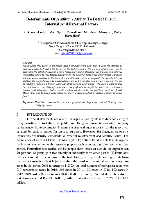 (PDF) Determinants of Auditor's Ability to Detect Fraud: Internal and External Factors