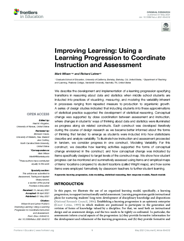 (PDF) Improving Learning: Using a Learning Progression to Coordinate Instruction and Assessment