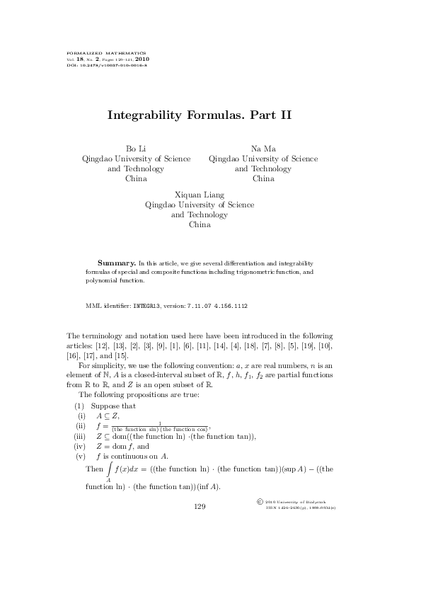 (PDF) Integrability Formulas. Part II