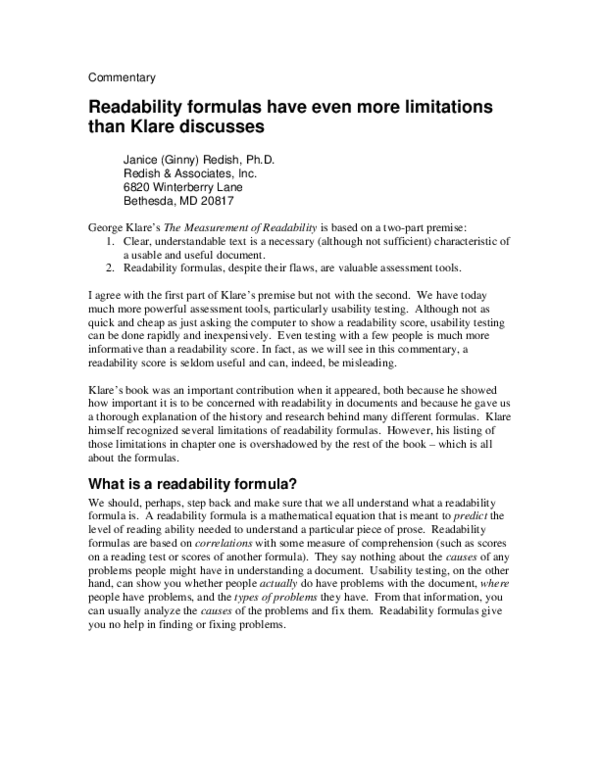 (PDF) Readability formulas have even more limitations than Klare discusses