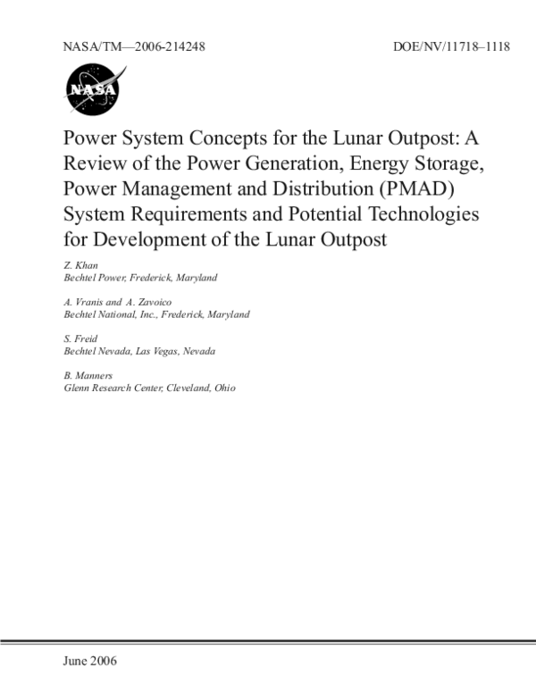(PDF) Power System Concepts for the Lunar Outpost: A Review of the ...