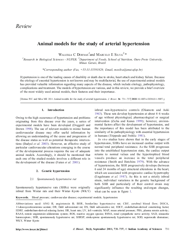 (PDF) Animal models for the study of arterial hypertension